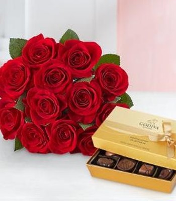 Rose Flower Bouquet - One Dozen Red Roses with Chocolate Box