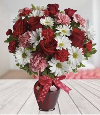 Red Rose Flower Bouquet with Mix Flowers in Artistic Vase