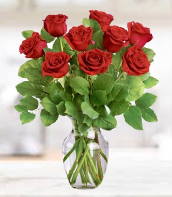 Dozen Long Stemmed Red Roses in Glass Vase